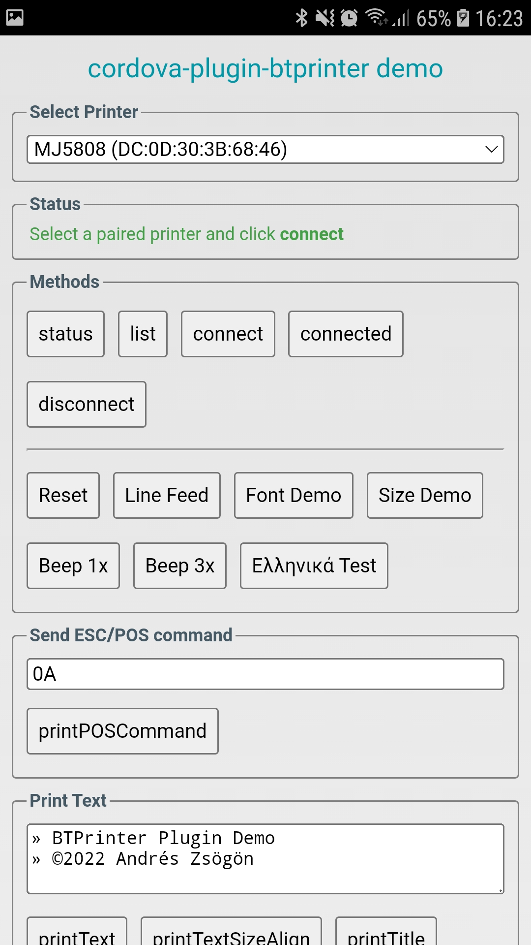 Cordova Bluetooth Printer plugin demo | Andres Zsogon
